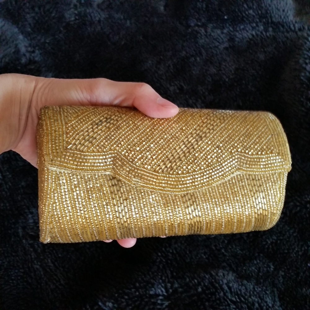 Vintage La Regale Gold Beaded Cylinder Clutch - Gem